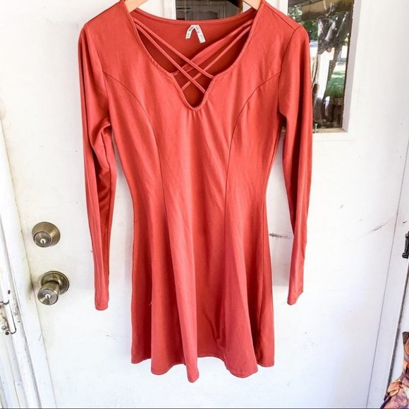 Mudd | Dresses | Mudd Dusty Coral Fit And Flare Long Sleeve Strappy ...